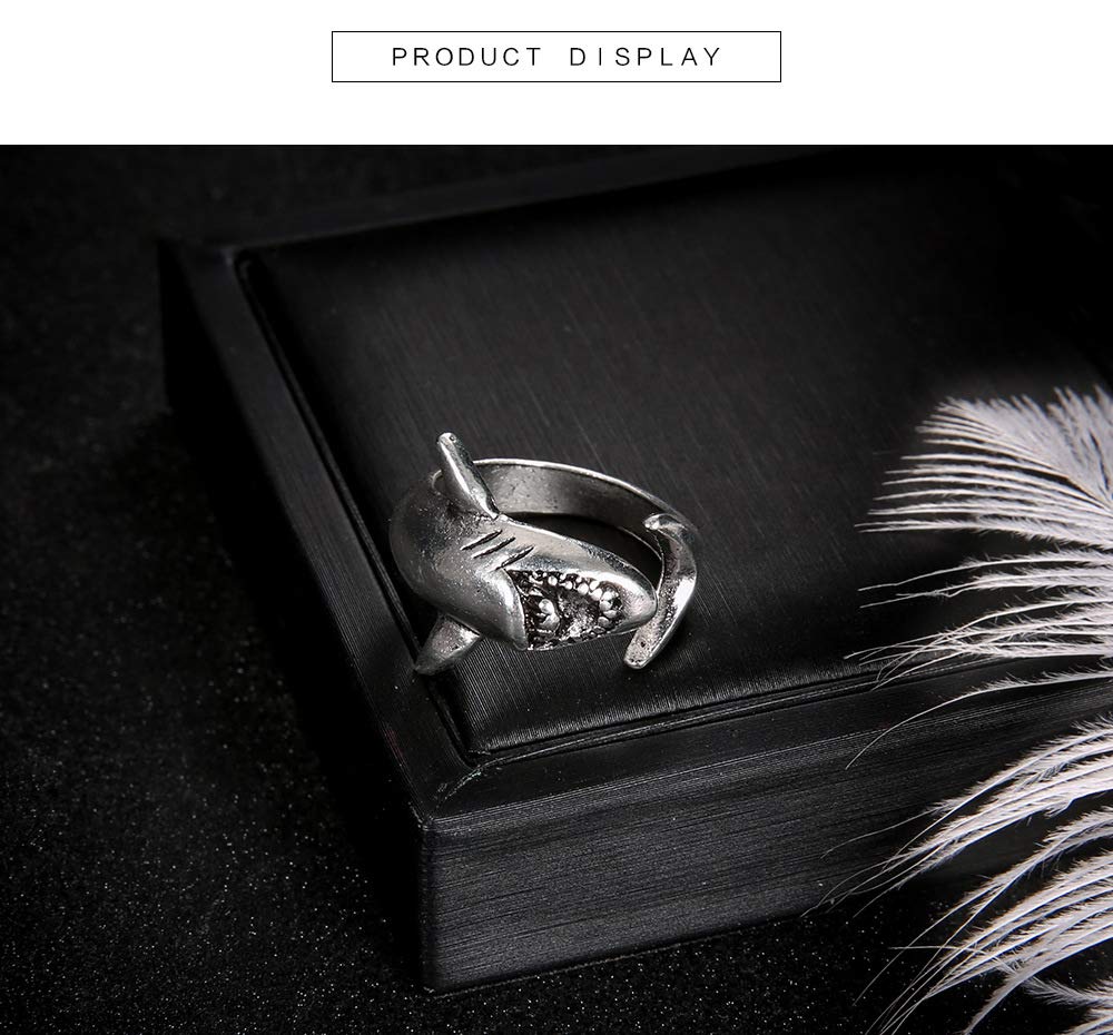 2pcs White Shark and Hammerhead Shark Rings Necklace Ocean Animal Personality Jewelry for Women Men-2pcs Rings