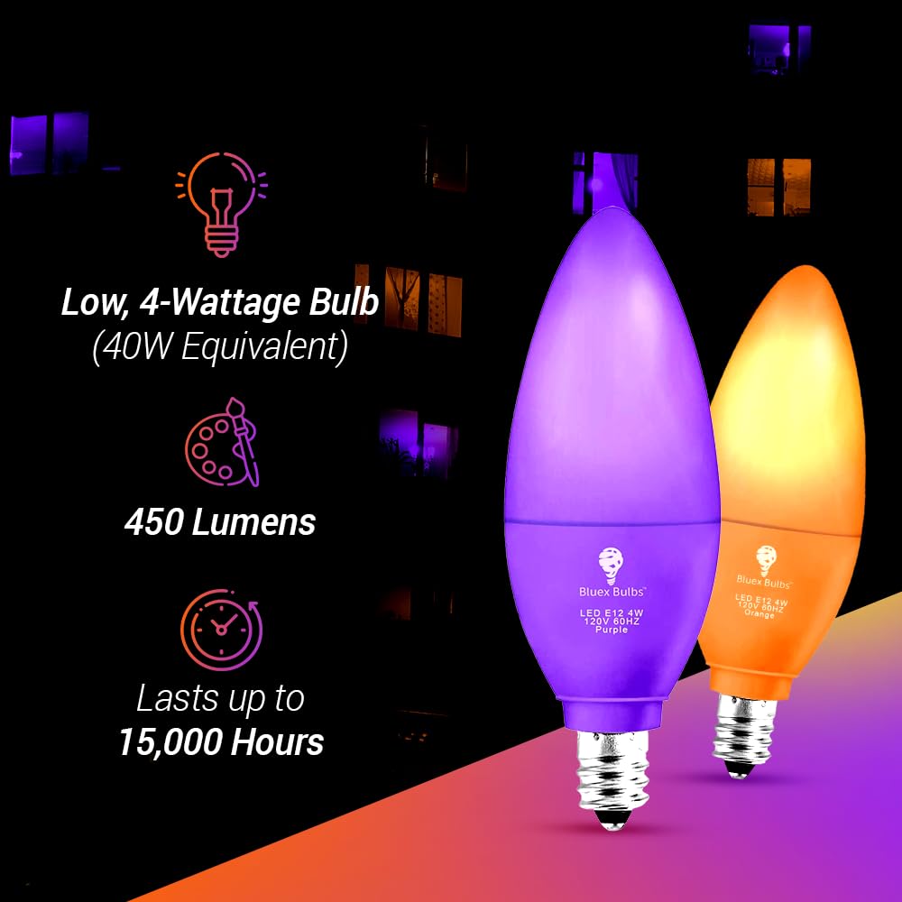 6 Pack BlueX LED Candle Purple Light Bulb - 4W (40Watt Equivalent) - E12 Base Purple LED Purple Bulb, Party Decoration, Porch, Home Lighting, Holiday Lighting, Chandelier Light Bulbs, Candelabra Bulbs