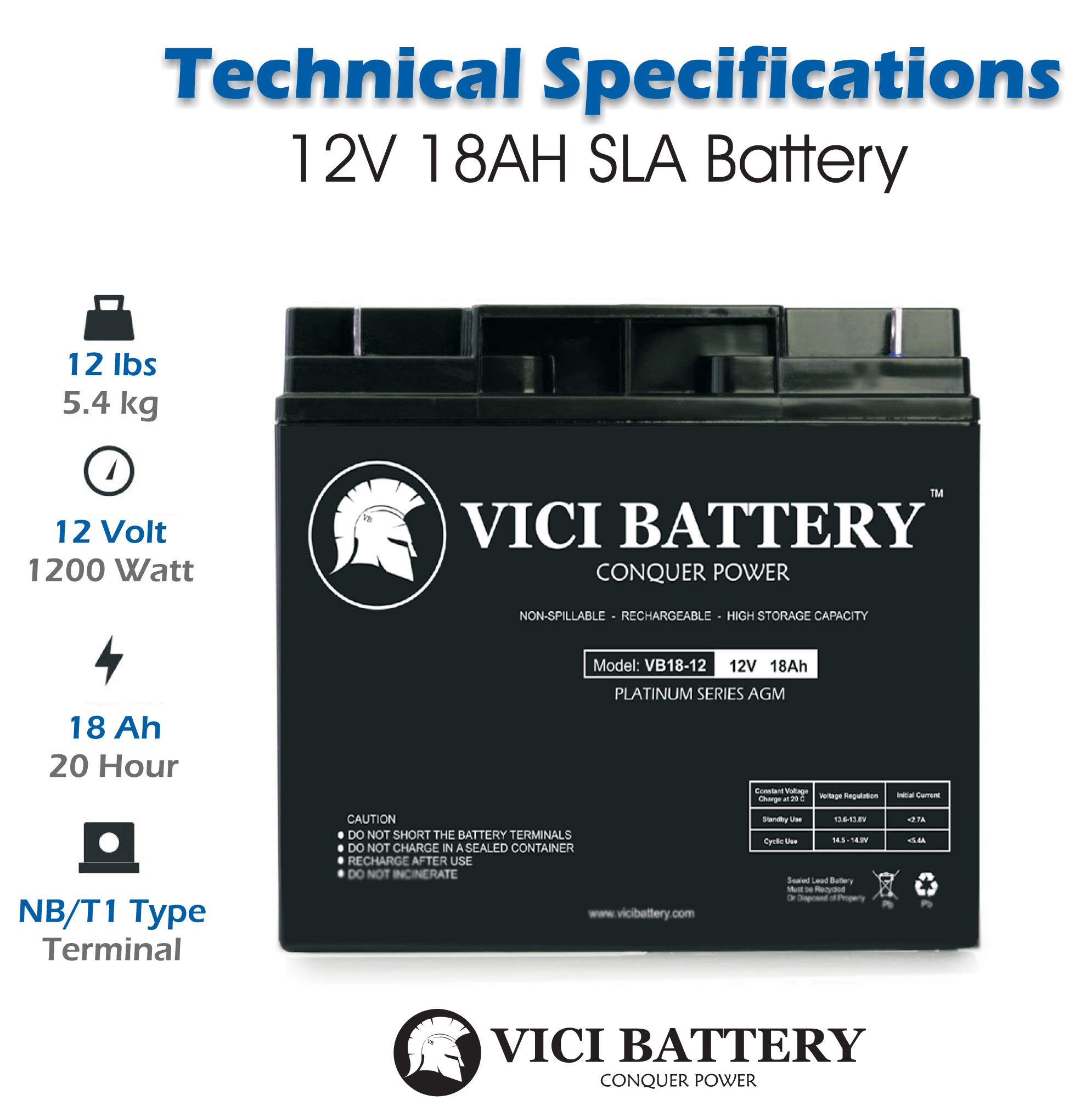 VICI Battery VB18-12 - 12V 18AH Replacement for Universal Power UB12180 12 Volt 18 Ah Sealed AGM 12V 18Ah Battery