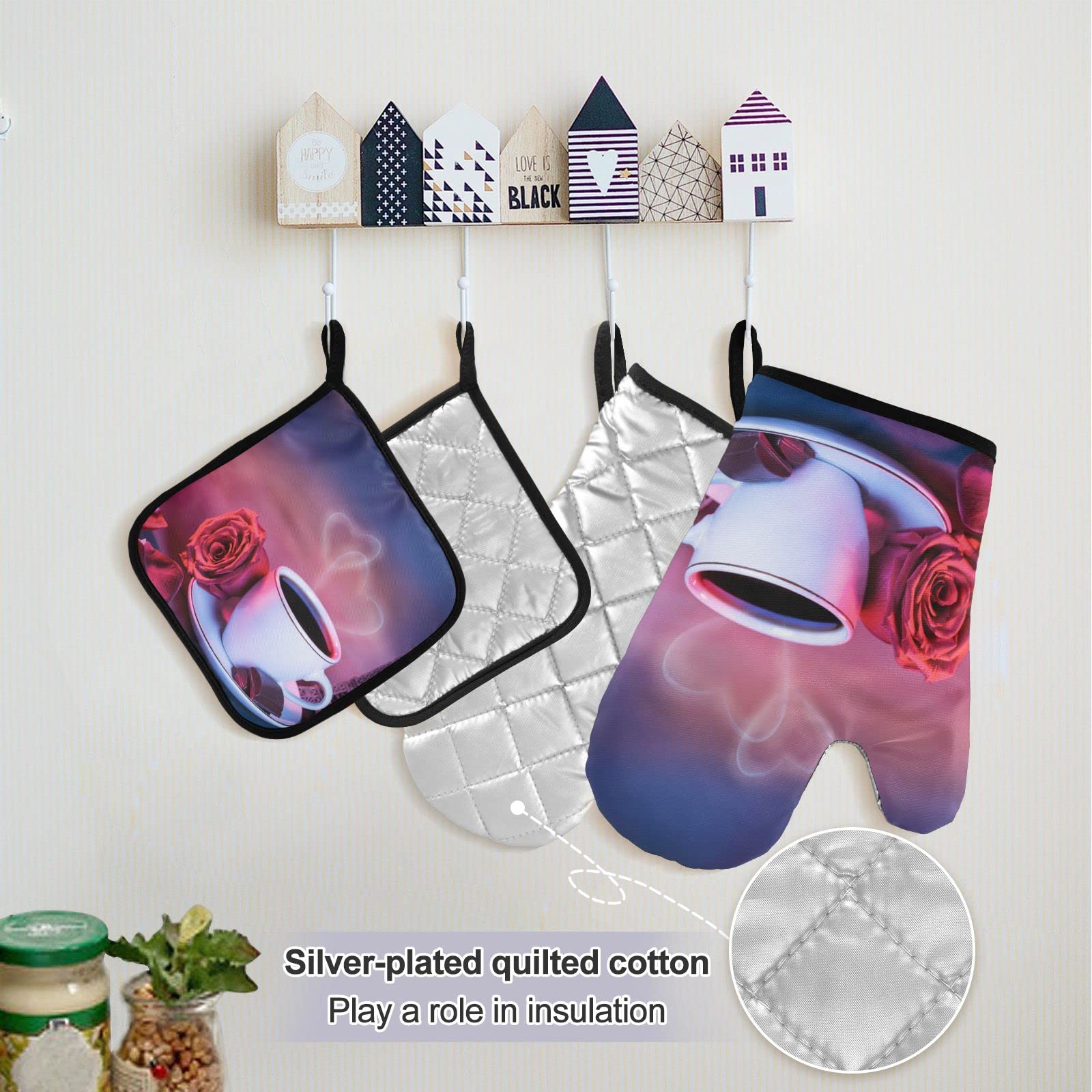 5Pcs Morning Coffee Oven Mitts and Pot Holders, Eiffel Tower Red Rose Long Kitchen Apron and Accessories Set Kitchen Linen Sets Potholders Oven Gloves for Women Men Baking Cooking BBQ