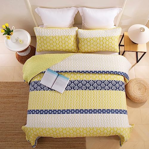 Boho Quilt Set Queen Size Yellow Bohemian Quilt Bedding Set Striped Lightweight Summer Bedspread Coverlet Bedding Set 96"x90" (3 Pieces)