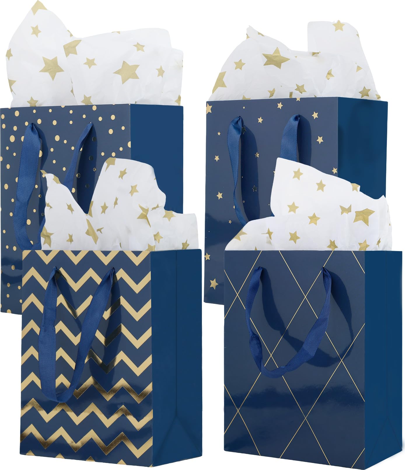 Moretoes 4 Pack Gift Bags Medium Size with Tissue Paper, Blue Gift Bags Assorted Premium for Birthday, Graduations, Wedding, Thanksgiving, Holiday, Father's Day (7" X 4" X 9")