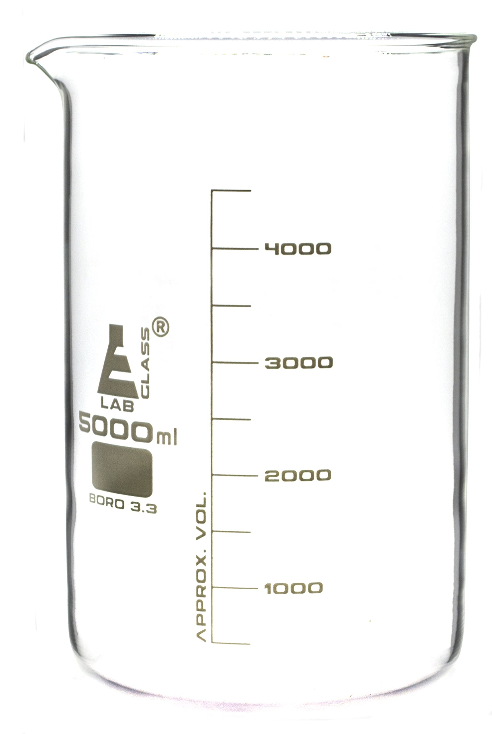 EISCO Beaker, 5000ml - Borosilicate Glass, Low Form, with Spout - 500ml Graduations