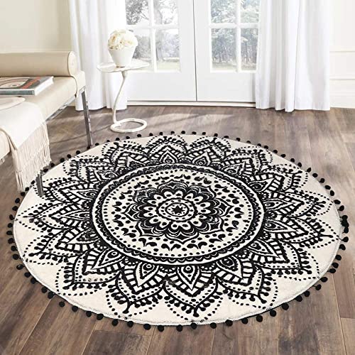 LIVEBOX Boho Area Rug 4ft Black and Cream Mandala Round Bedroom Rug with Chic Pom Pom Fringe Non-Slip Machine Washable Ultra Soft Indoor Sofa Floor Mat for Living Room Playroom Kids Room