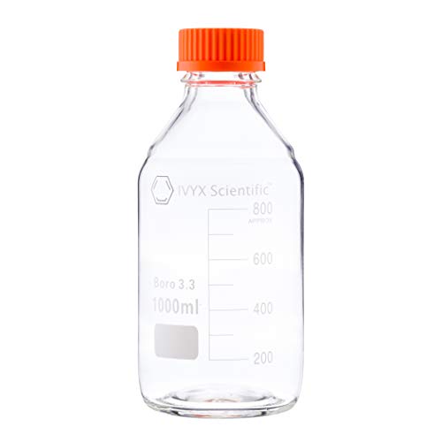 IVYX Scientific Round Media Storage Bottle, Borosilicate Glass, with GL45 Screw Cap - Pack of 2 (1L / 1000 mL)