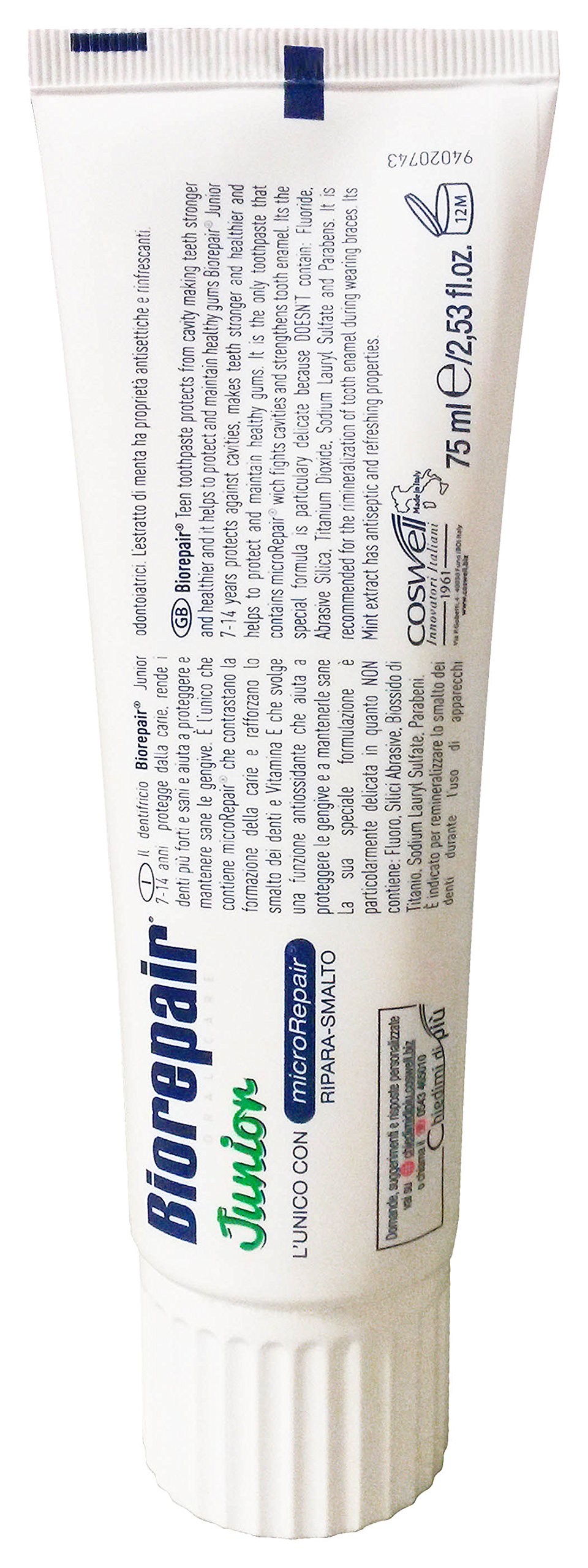 Biorepair: Oral Care Junior 7-14 Years Toothpaste, Fluoride Free, with Mint Extract - 2.53 Fluid Ounces (75ml) Tubes (Pack of 4) [ Italian Import ]