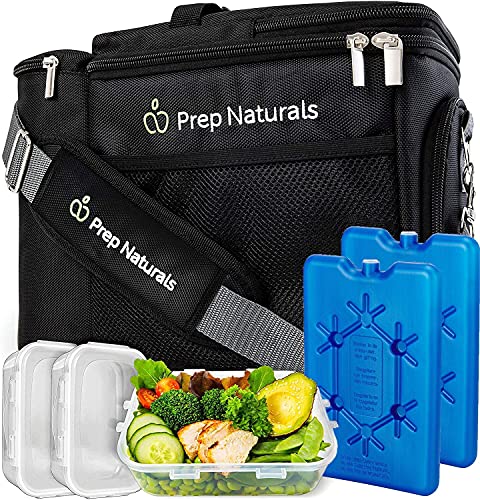 Insulated Lunch Box For Men - Meal Prep Lunch Bag Women/Men. Small Cooler Bag Includes 3 Lunch Containers and Ice Packs. Adjustable shoulder strap. By Prep Naturals