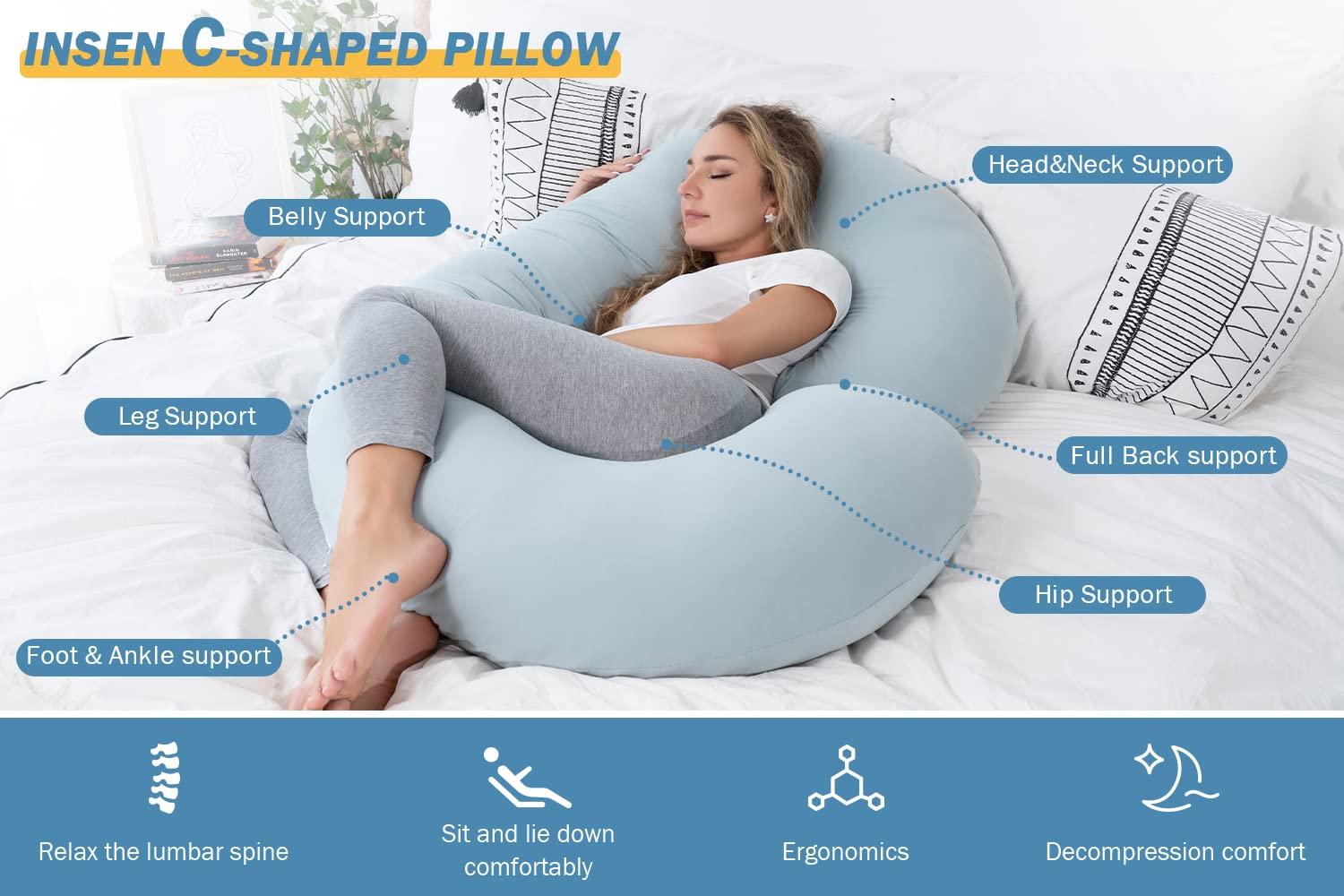 INSEN Pregnancy Pillow,Maternity Body Pillow with Velvet Cover,C Shaped Body Pillow for Sleeping (Green Jersey)