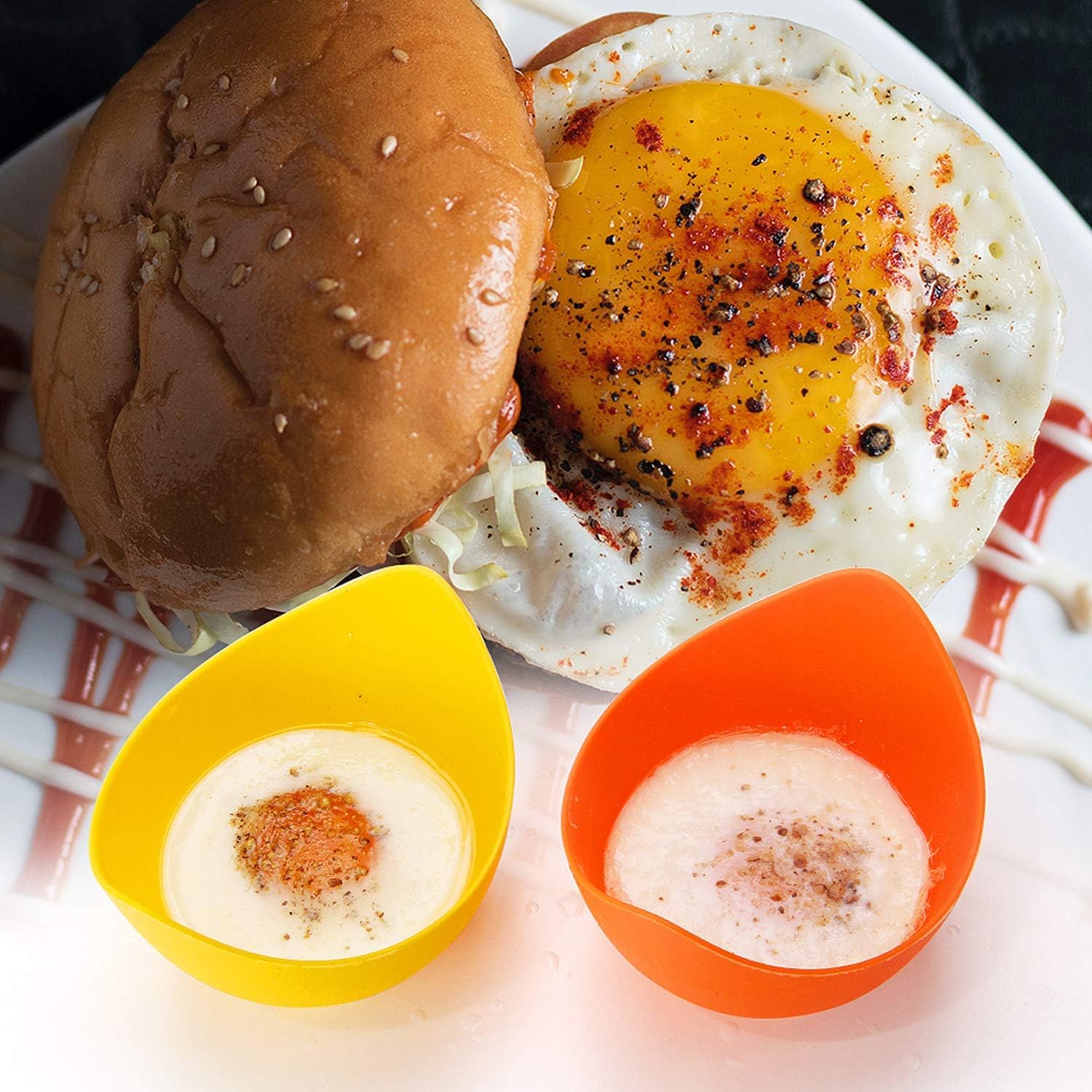 Egg Poacher, 4 Pack Egg Boiler Mold Cup, Poached Egg Cups with Ring Standers, Silicone Egg Poacher Cooker for Microwave Stovetop Air Fryer, with Extra Oil Brush, BPA Free
