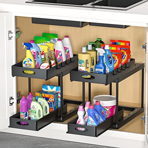 Aojia Under Sink Organizer with 2 Sliding Drawers, Bathroom Organizer Under Cabinet, Pull-out Under Sink Storage,Under Cabinet Storage for Kitchen and Bathroom
