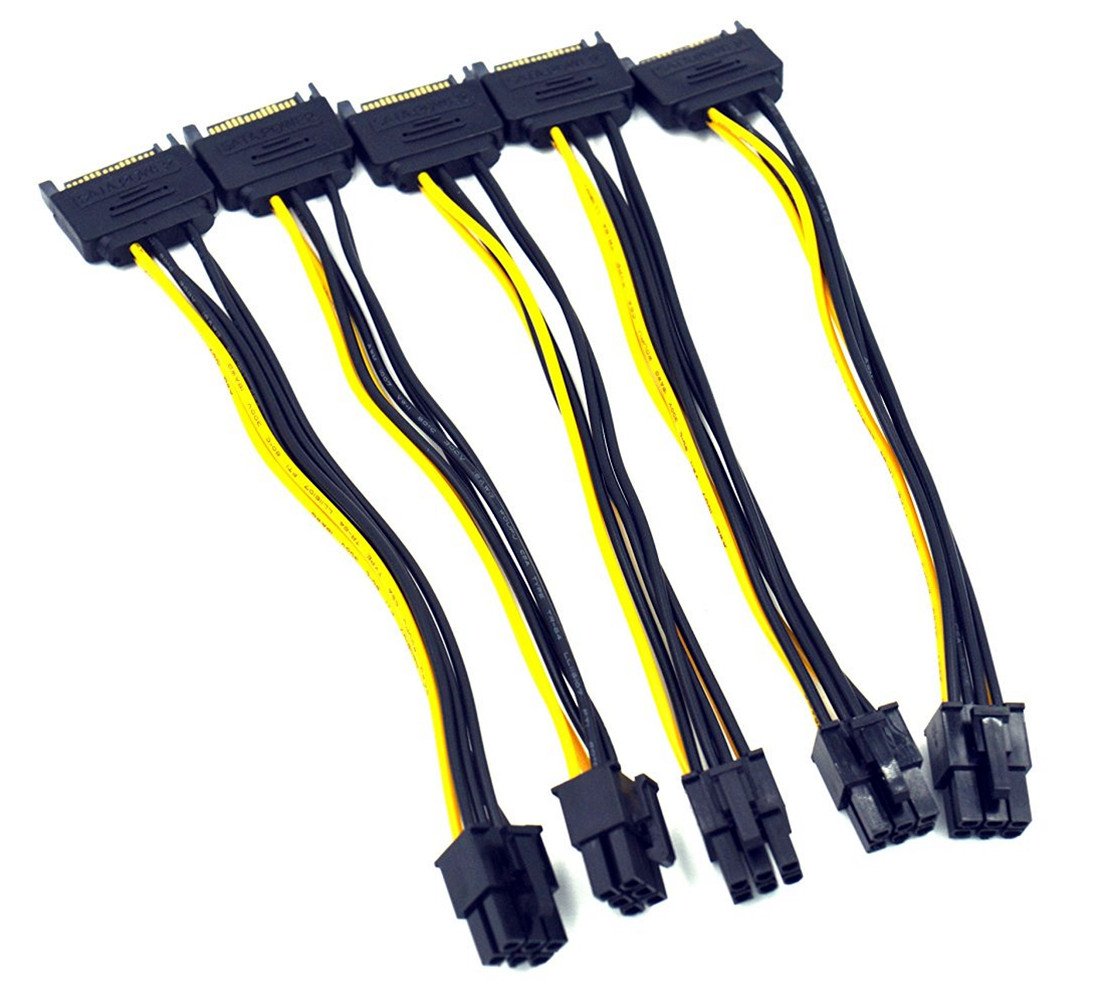 CHIBI 8-Inch SATA 15-Pin to 6-Pin PCI Express Card Power Adapter Cable (5 Pack)