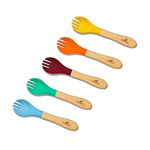 AvanchyĀ® Baby Fork Set, Bamboo and Silicone Spork Utensils, Toddler Baby Led Weaning Silverware Cutlery Flatware, Kids First Self Feeding, 5 Pack, with Blue Fork