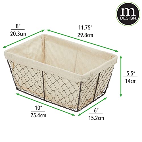 mDesign Medium Metal Farmhouse Home Storage Organizer Basket - Chicken Wire Design, Fabric Liner for Kitchen, Bathroom, Living Room, Pantry, Cupboard, Shelves, Countertop, 2 Pack - Bronze/Natural