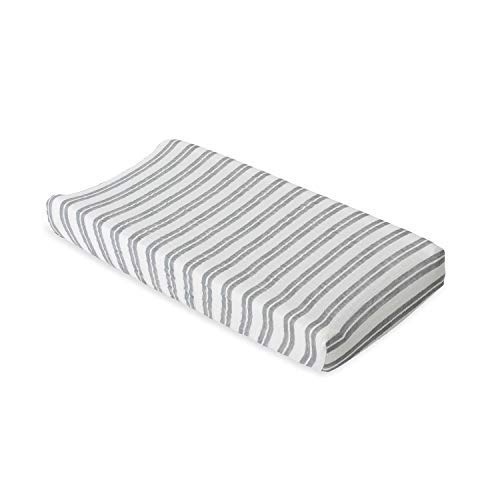 Red Rover Kid Muslin Changing Pad Cover – 16” x 32” - 100% Cotton – Machine Washable – Standard Size - Stitched Holes for Safety Straps – Lightweight & Breathable – Unisex (Grey Double Stripe)