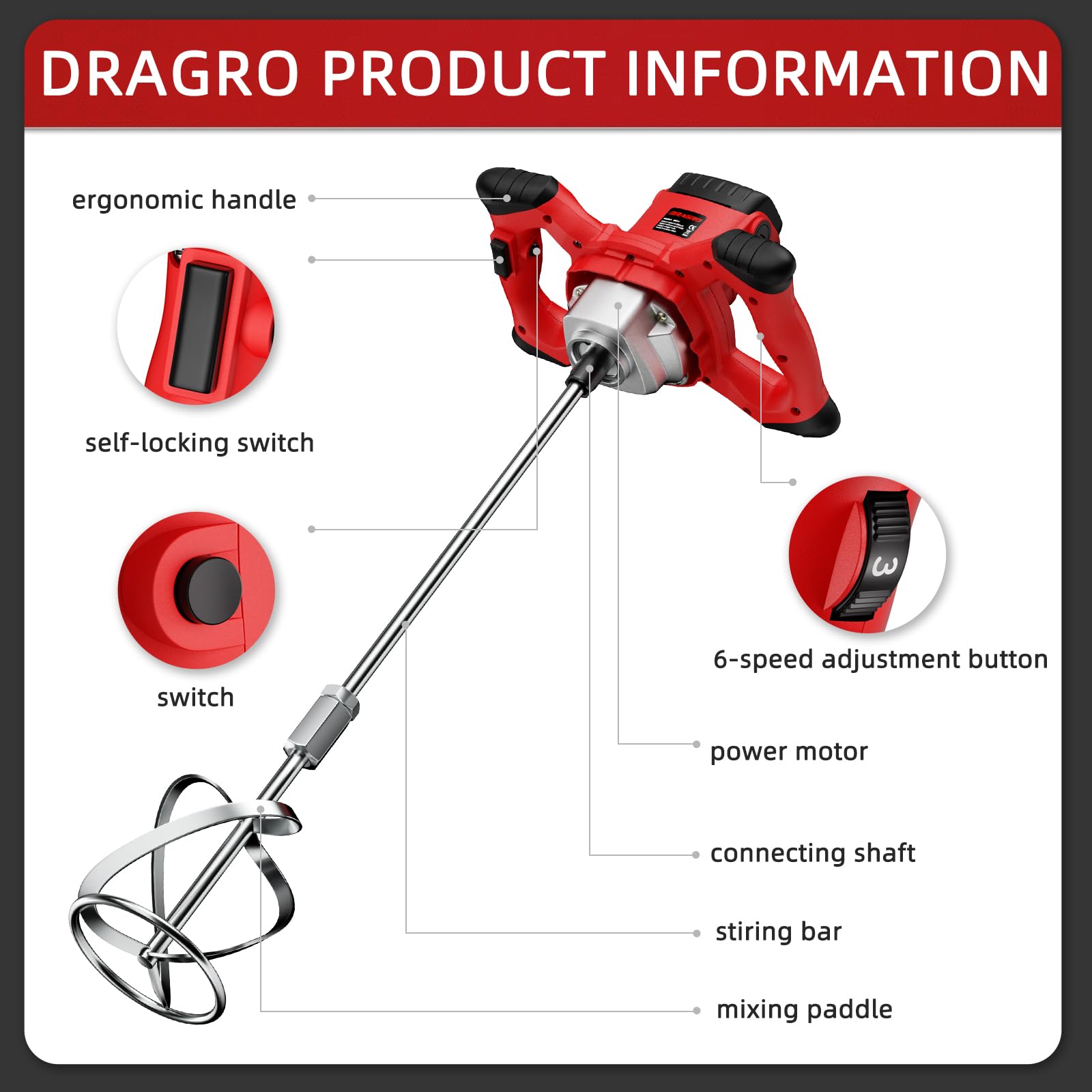 Dragro Electric Cement Mixer, 2100W Handheld Concrete Mixer with 6 Speed,Portable Mortar Mixer for Mixing Mud, Mortar, Plaster,Cement, Paint, Fodder,2 Pieces Mixing Heads