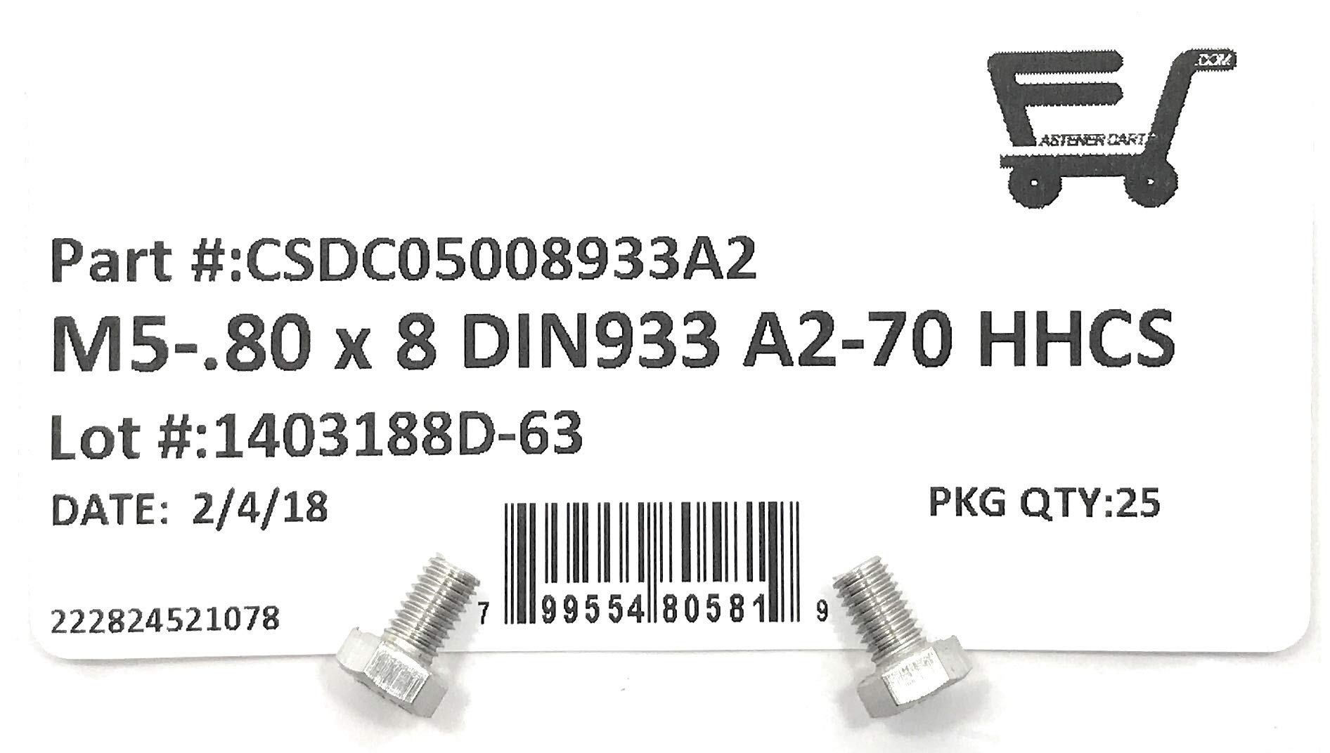 M5-.80 X 8 Hex Head Cap Screw Hex Bolts DIN933 (M5x8) Full Thread A2-70 Stainless Steel (25 Pieces)