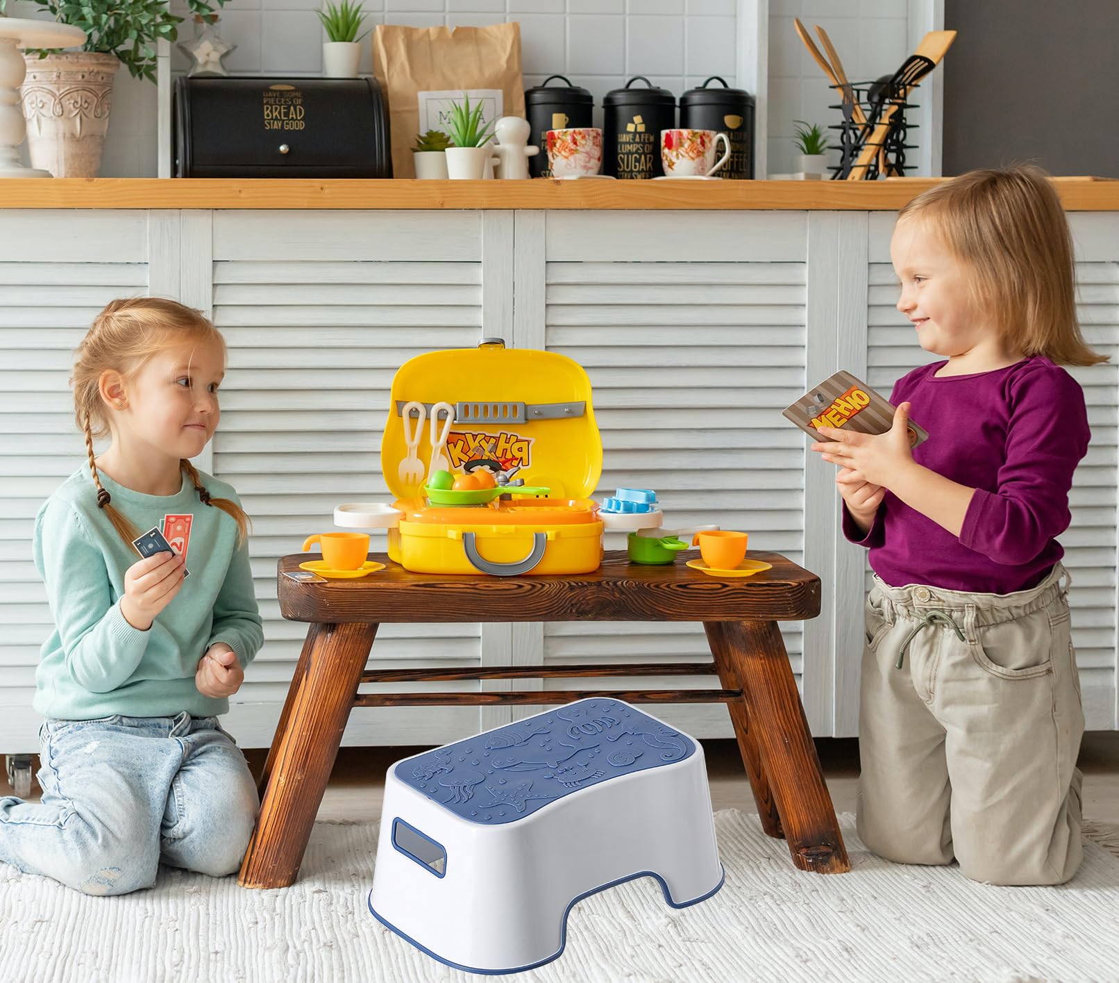 A+KCEYON Step Stool for Kids, Cute Design and Anti-Slip Kids Step Stool with Recessed Handles, Portable Footstool for Kitchen, Bathroom Sink and Toilet Potty Training (Blue-Ocean Motif)