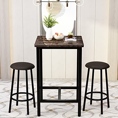 AWQM 3-Piece Dining Table and Chairs for Apartment, Bar Set with 1 Square Table and 2 Round Stools, Kitchen Table Set for 2, Breakfast Table with Footrest for Restaurant, Dinette, Studio (Dark Brown)