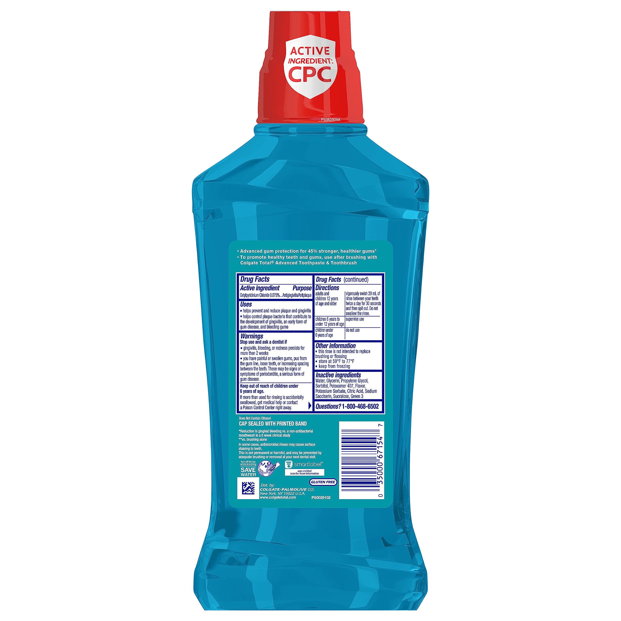 Colgate Total Gum Health Alcohol Free Mouthwash, Antibacterial Formula, Helps Prevent Gingivitis Gum Disease, Clean Mint - 1L, 33.8 fluid ounce, 6 Pack