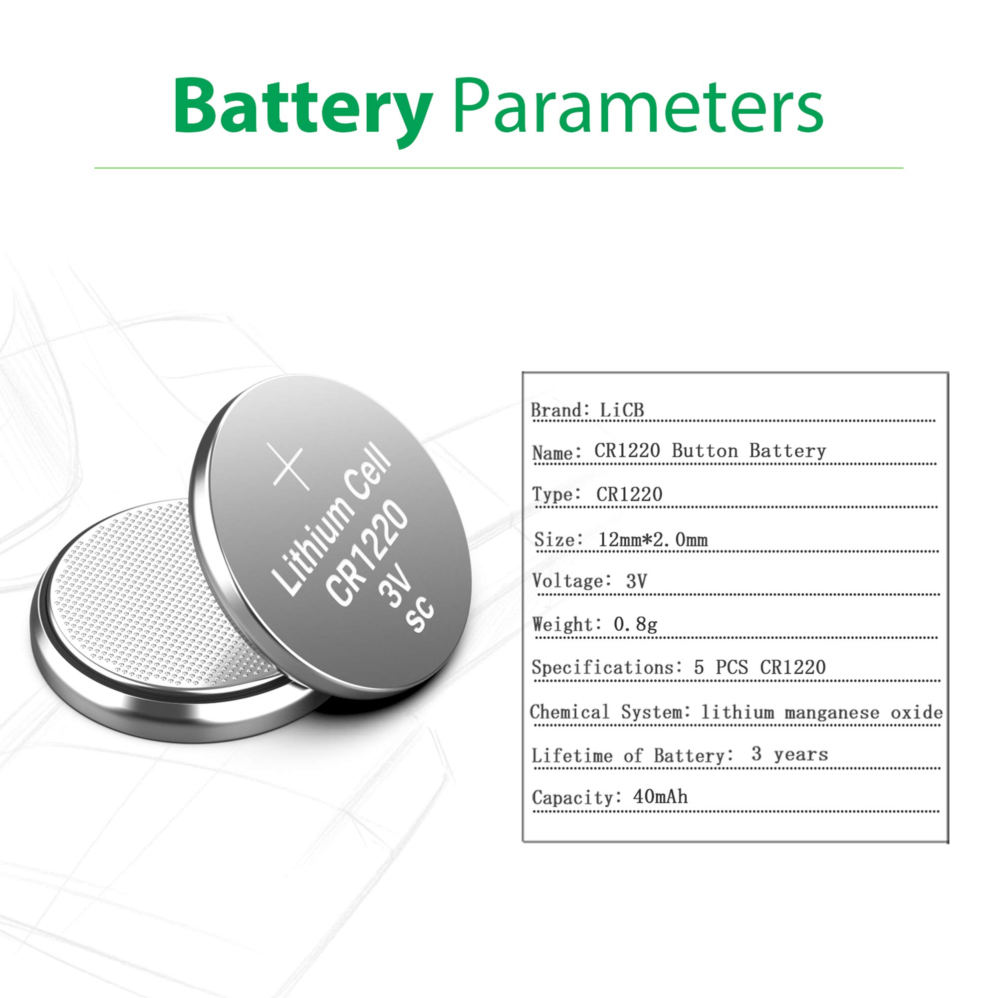 LiCB CR1220 Battery,Long-Lasting & High Capacity CR1220 Lithium Batteries,3 Volt Coin & Button Cell (5-Pack)
