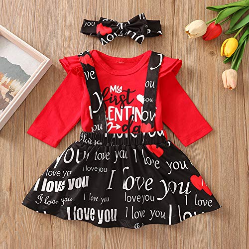My First Valentine's Day Baby Girl Outfits Ruffle Long sleeve Romper Tops+Suspender Skirt+Headband Clothes Sets (Red, 0-3 months)