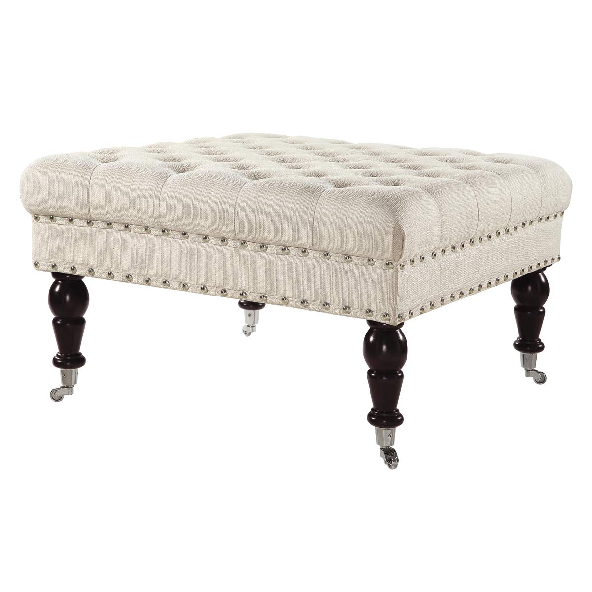 24KF Large Square Upholstered Tufted Button Linen Ottoman Coffee Table, Large Footrest Bench with Casters Rolling Wheels-Ivory