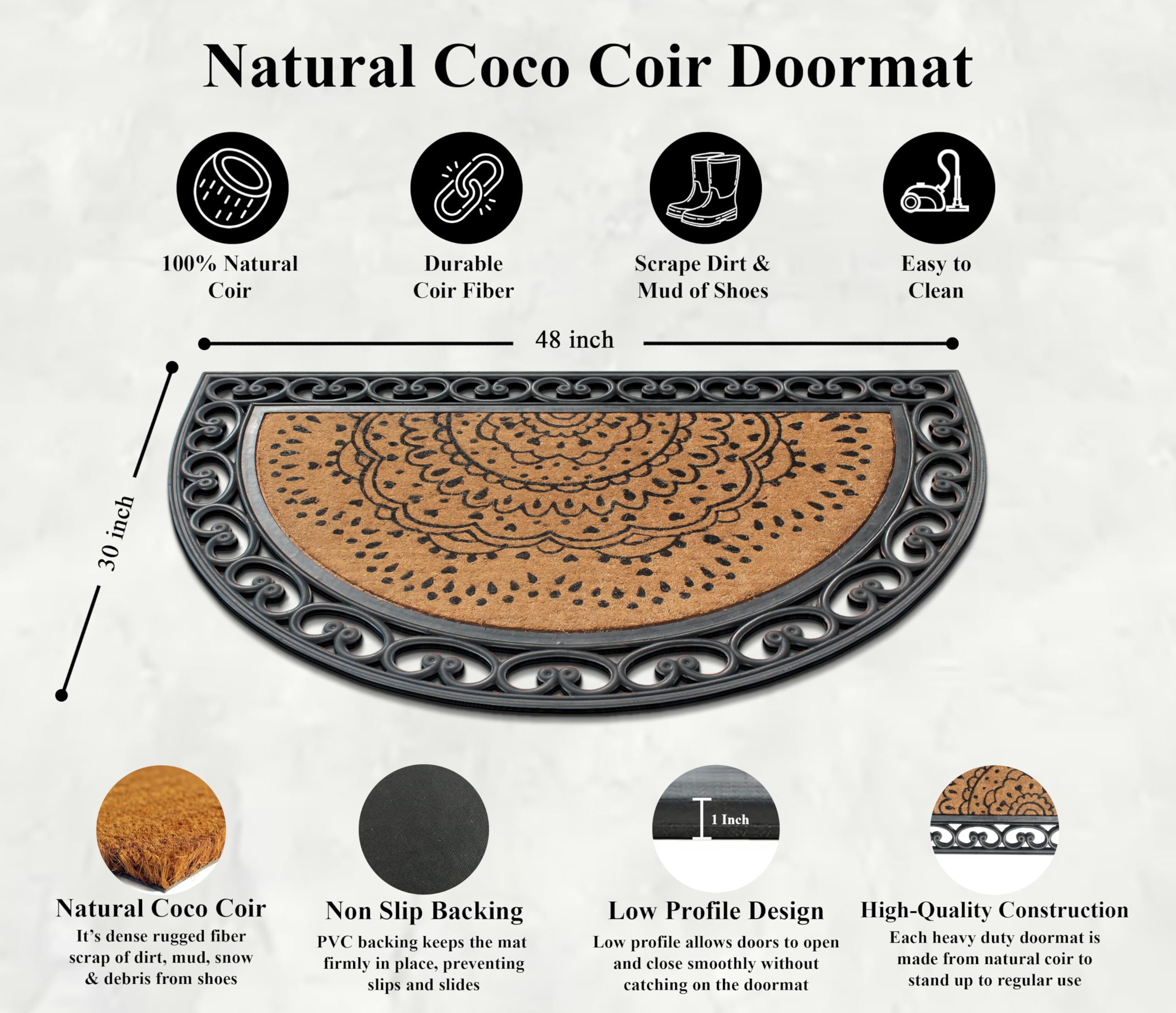 A1 Home Collections A1HOME200131 Heavy Duty Welcome Doormat A1HC Natural Coir & Rubber Round Door Mat, 30" X 48", Half Circle Paisley Black