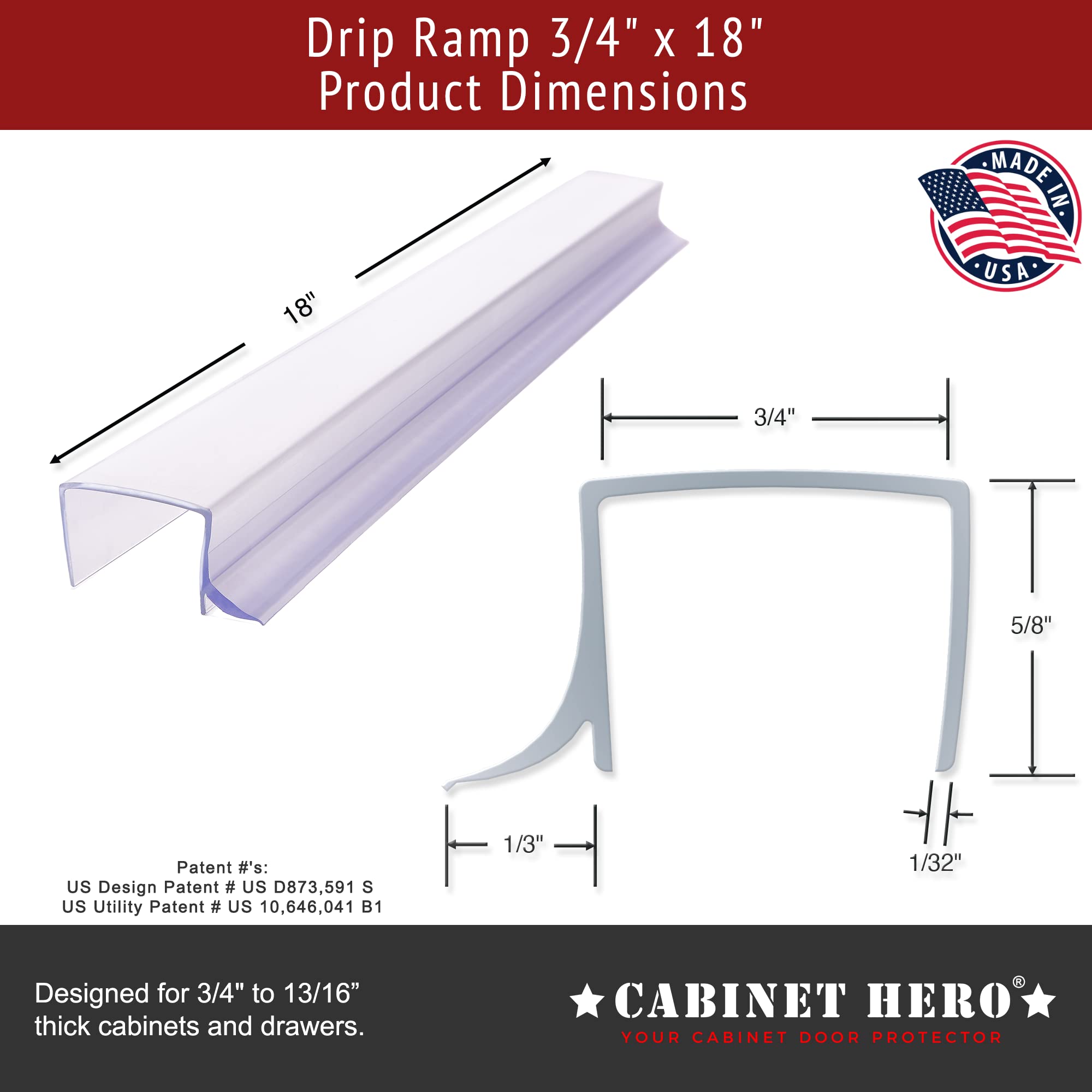 Cabinet Hero Slimline and Drip Ramp Door Protector - Plastic Edge Guard - Slip On, Kitchen, Drawer Front, Prevent Chipping Impact Protection - 3/4 Thick, 18 Inch Length - Combo Pack - Clear, Pack of 2
