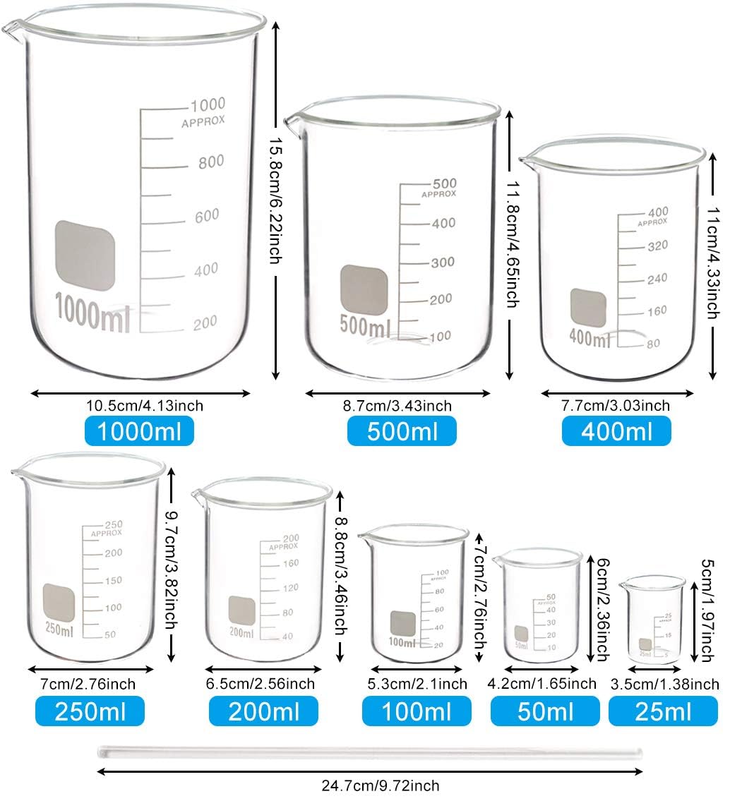 SUPERLELE 8pcs Glass Graduated Beaker Set 25, 50, 100, 200, 250, 400, 500, 1000ml, Glass Measuring Beakers with 4 Stirring Rods