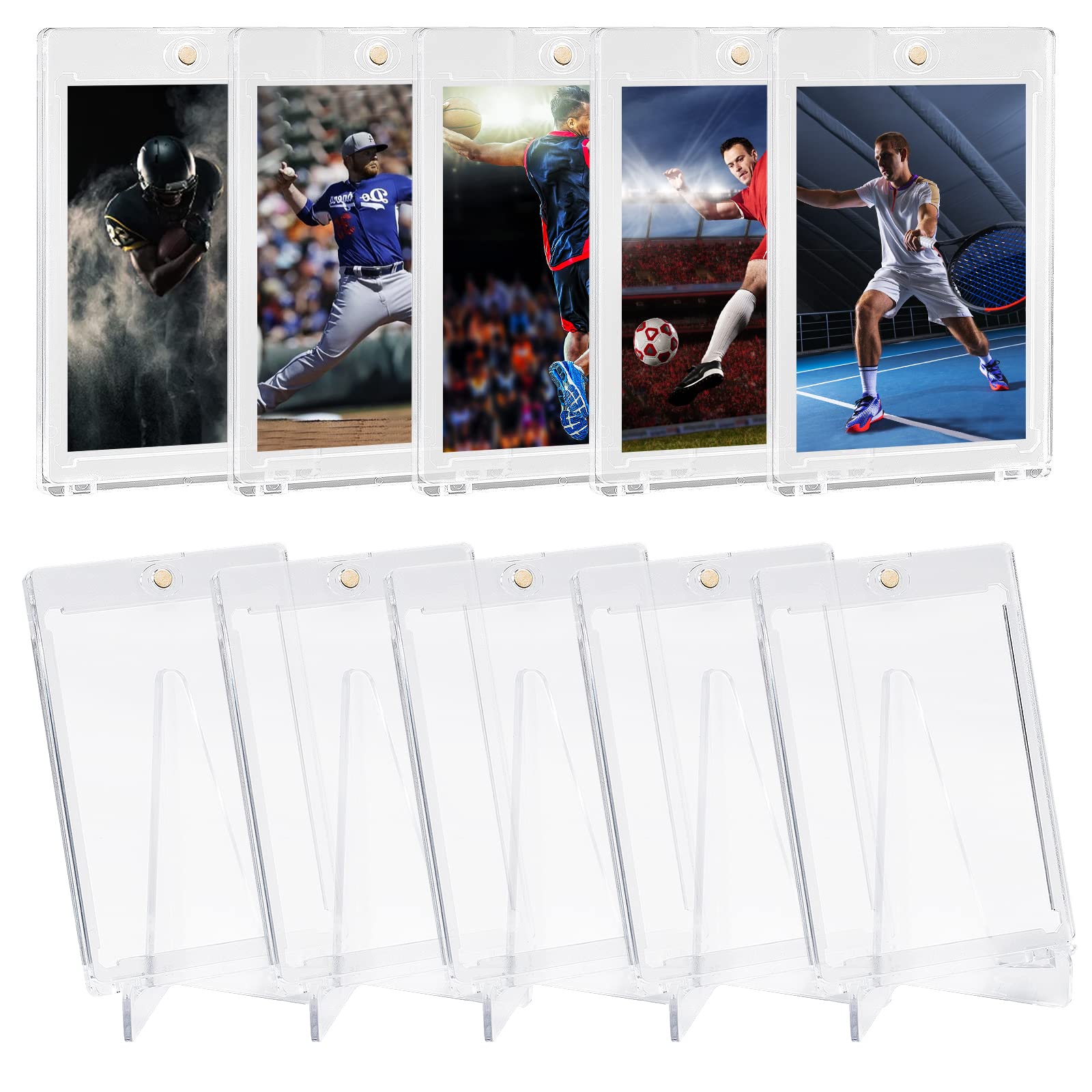 Taie Hyung 10 Count Magnetic Card Holder Case 35pt, One Touch Baseball Card Holders with 5 Stands, Clear Acrylic Card Protector Hard Plastic for Trading Cards Sport Cards Top Loaders