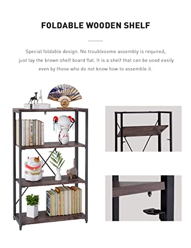 Bookshelf,3-Tier Folding Bookcase,Industrial Book Shelf,Rustic Wood Storage Shelves,Tall Bookshelf,Shelves For Bedroom,Office,Kitchen,Living Room,Study Room,No Assembly Folding Bookshelf,Black