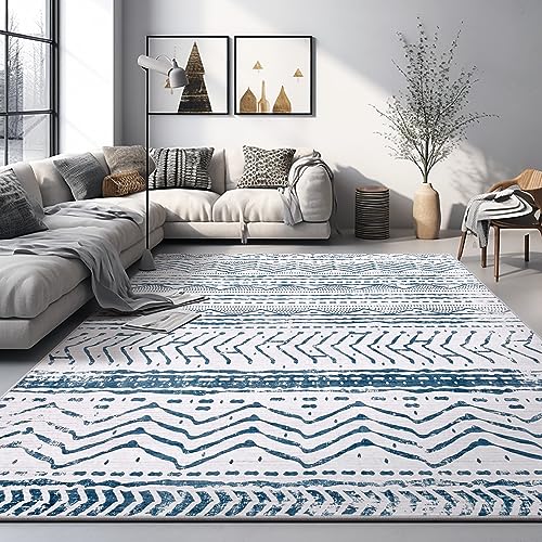 Area Rug Living Room Rugs - 9x12 Machine Washable Moroccan Geometric Neutral Soft Low Pile Stain Resistant Large Thin Rug Floor Carpet for Bedroom Under Dining Table Home Office - Navy Blue