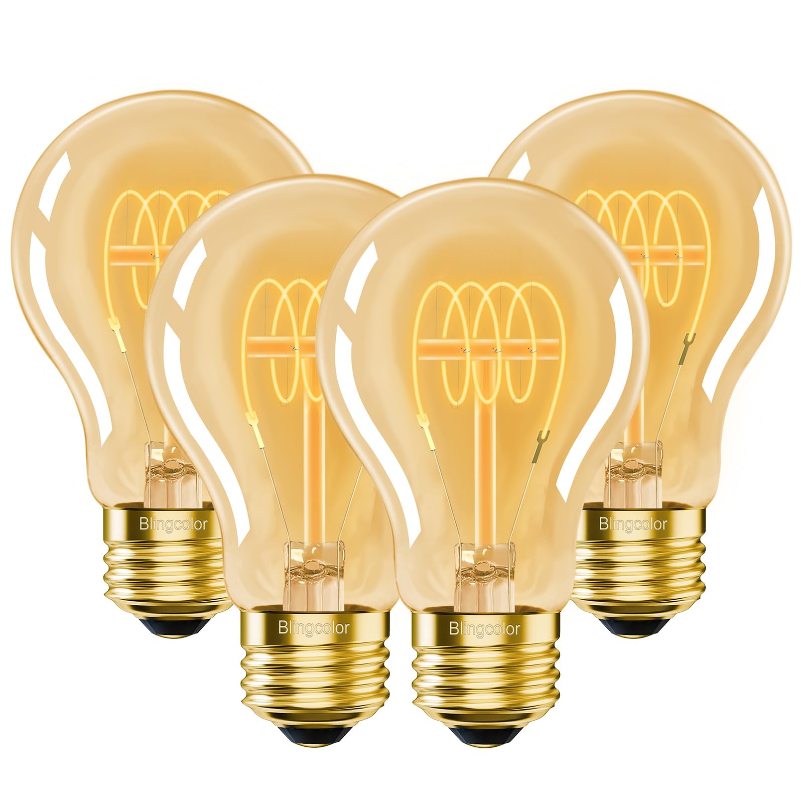 A19 Vintage LED Edison Light Bulbs 40 Watt, 4-Pack Dimmable A19 4W LED 2200K Amber Warm Light Bulbs, E26 Base, 4W LED Equal 40 Watt Incandescent Bulbs, Decorative Antique Spiral LED A19 Bulb, 300LM