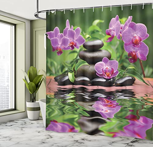 Ambesonne Spa Shower Curtain, Basalt Stones and Orchid Reflecting on Water Greenery Wellbeing Tropical, Cloth Fabric Bathroom Decor Set with Hooks, 69" W x 70" L, Green Fern