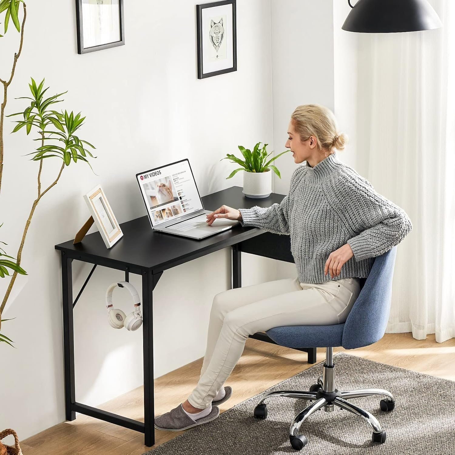 Sweetcrispy Computer Desk - Office 48 Inch Writing Work Student Study Modern Simple Style Wooden Table with Storage Bag & Iron Hook for Home Bedroom - Black