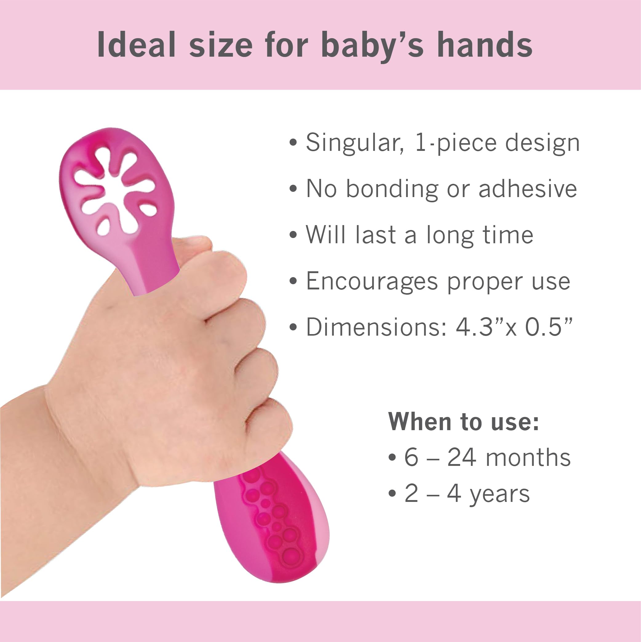 JuLe Self Feeding Baby Spoon Set (NEW Pre-Stage 1 + Stage 1) Silicon, Infant, Toddler, Weaning (Pink Camo, Set of 4)