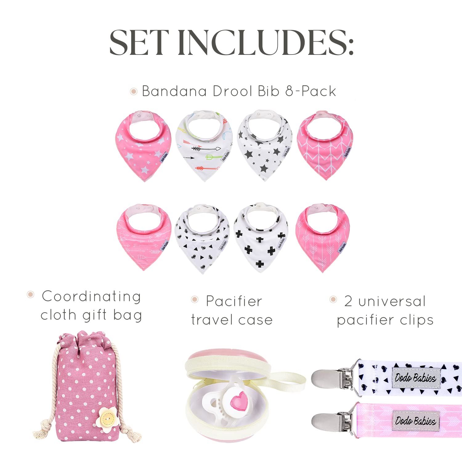 Dodo Babies Bandana Drool Bib Set - Eight 100% Cotton Bibs with Soft Polyester Lining, 2 Pacifier Clips, Binky Case, Pink Gift Bag for Baby Girl or Boy Shower - Adjustable Snap Fit for 3-24 Months