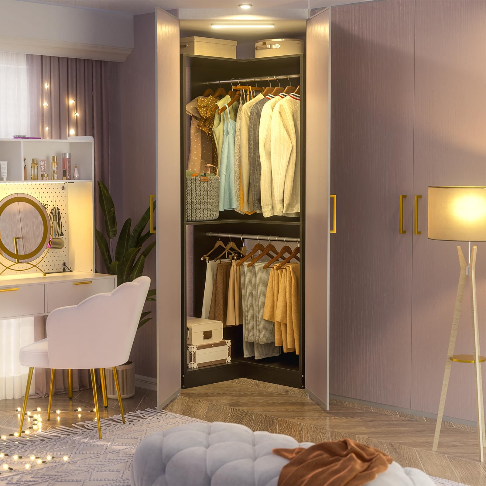 Armocity Corner Closet System, 32 Inches Wide Wood Corner Unit with 2 Hanging Rods and All Hardware Kits, 3-Tier 80'' Height Corner Wood Closet Tower, White