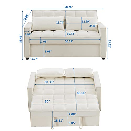 Aoowow 58 Inch Convertible Sleeper Sofa, Velvet Loveseat Sleeper Pull Out Sofa Bed Convertible Loveseat with Adjustable Backrest, 2 Pillows and Side Pockets for Living Room Small Spaces (Beige)