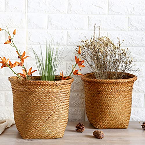 Alipis Seagrass Waste Basket Wicker Trash Can Woven Garbage Bin Laundry Hamper Rattan Plant Pot Rustic Storage Basket Rubbish Recycling Container for Kitchen Home Office