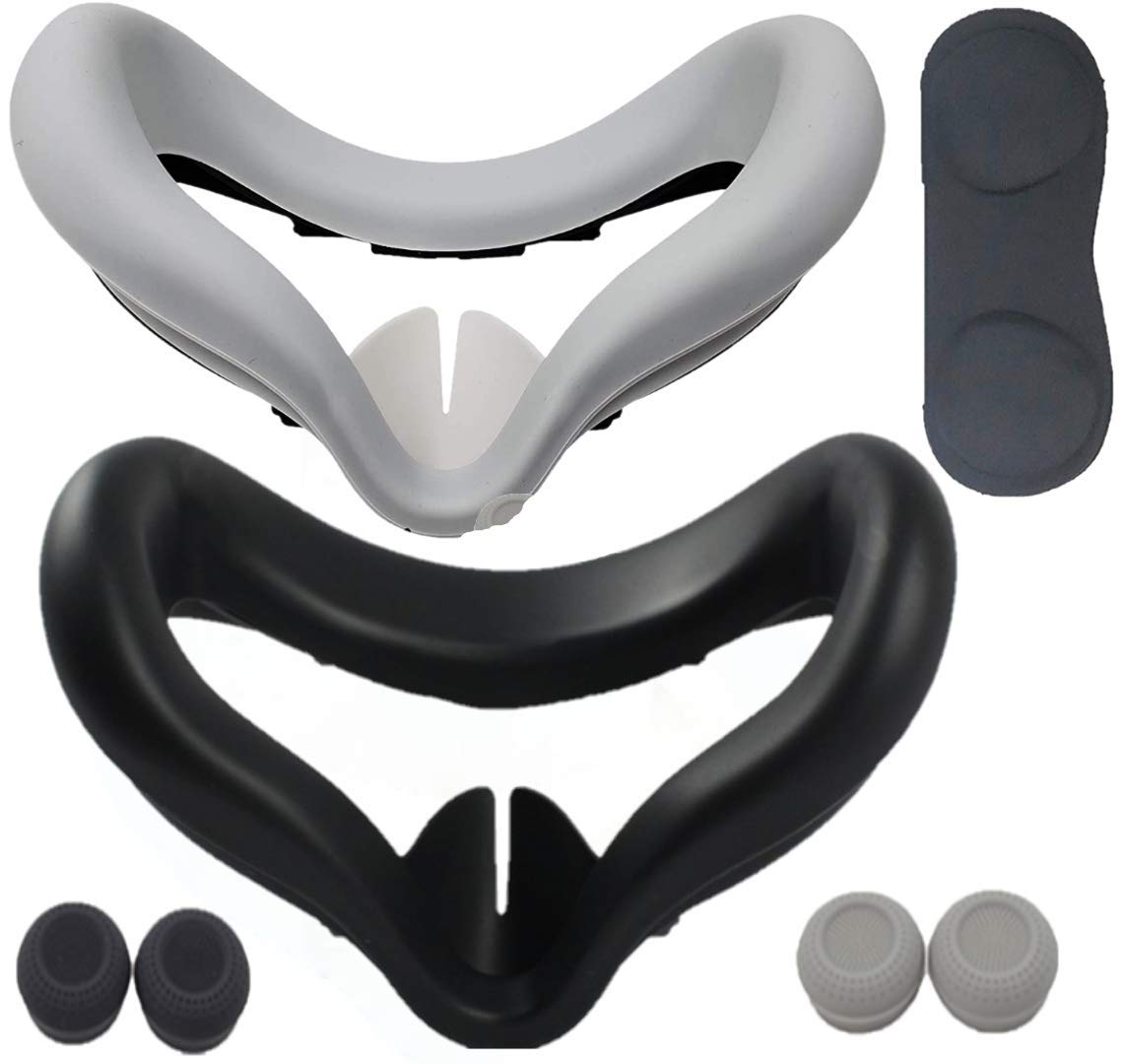 2X TNE Face Cushion Cover, 1x Lens Pad, 2X Thumbstick Cap for Oculus Quest 2 | 2 Pack Silicone Face Mask w/Controller Thumb Grips & Lens Dust Protector Accessories for Quest 2 VR Headset (Black+Gray)