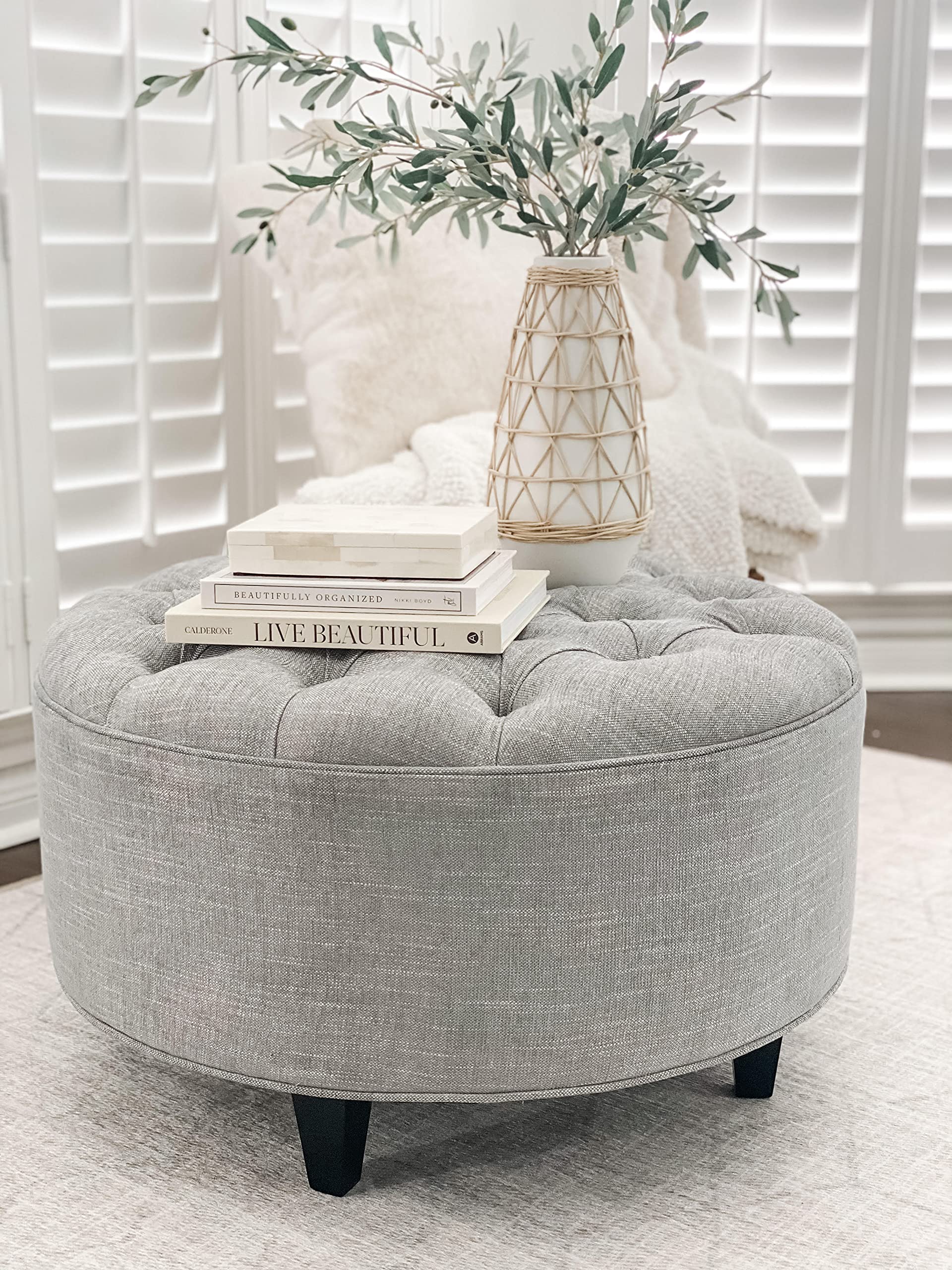 30 Inch Grey Linen, Round Tufted Coffee Table Ottoman