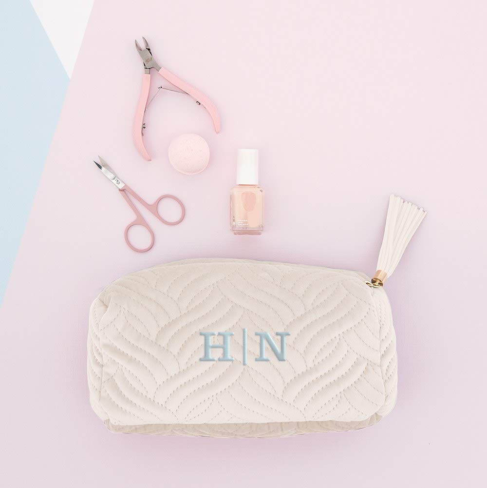 WEDDINGSTAR Small Personalized Velvet Quilted Makeup Bag For Women - Ivory Beige