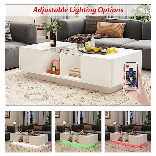 ECACAD Modern LED Coffee Table with Drawers & Open Compartments, Rectangle Coffee Center Table with Glass Top for Living Room, Bedroom, White (47.4" W x 23.6" D x 13.9" H)