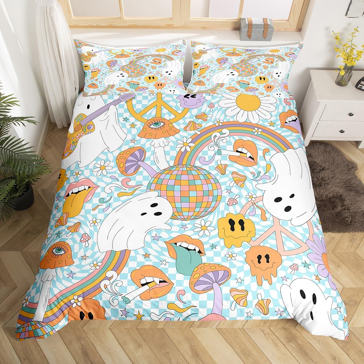 Erosebridal Cartoon Ghost Duvet Cover Rainbow Bedding Set Full,Hippie Groovy Flowers Comforter Cover Gothic Bed Set Cute Mushroom Peace Symbol Boho Floral Kawaii Halloween Decorations Indoor
