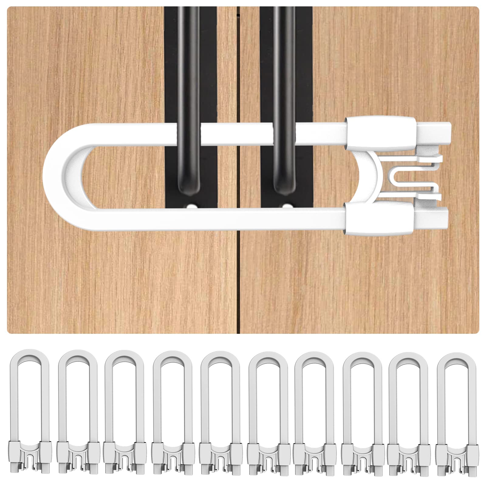 4 Pack Adjustable U-Shaped Sliding Cabinet Locks for Babies - Childproof Latches for Cabinets - Easy to Use Baby Proofing Locks (White)