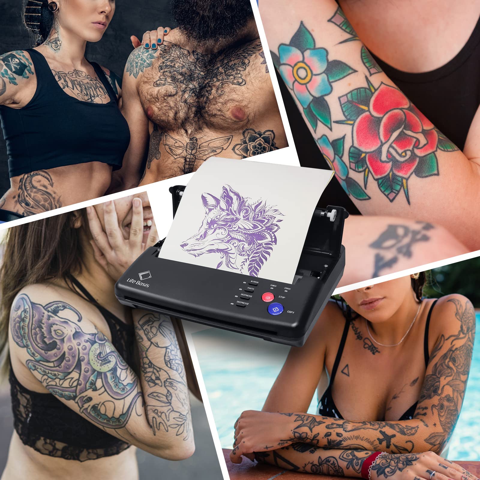 LifeBasis Tattoo Transfer Stencil Printer Tattoo Thermal Copier Thermal Tattooing Printer Machine with 30PCS Stencil Transfer Paper for Tattoo Artists & Beginners, Black