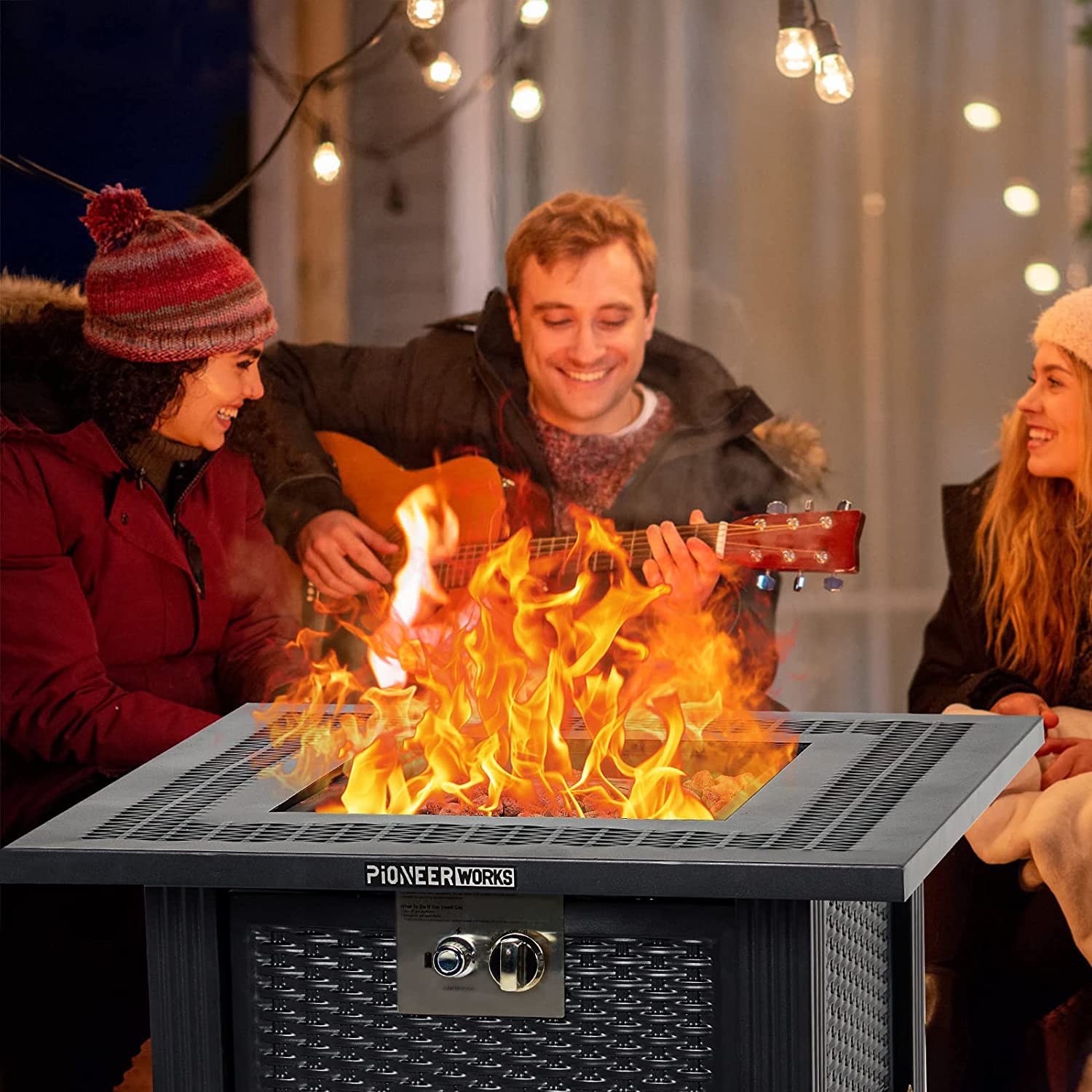 28 Inch Propane Fire Pit Table, PioneerWorks 50000BTU Rectangle Fire Table with Cover, Sturdy Steel and Iron Fence Surface, CSA Safety Certified, Companion for Your Garden Black