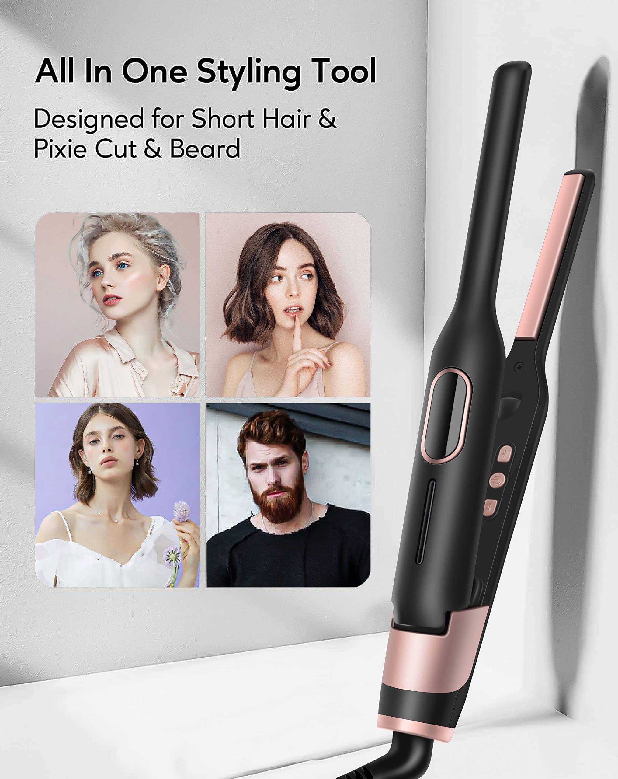 Pencil Flat Iron,Small Flat Iron for Short Hair,Beard and Pixie Cut,1/2 Inch Fast Heating Titanium Ceramic Mini Hair Straightener with Dual Voltage & Adjustable Temperature,Auto Shut Off