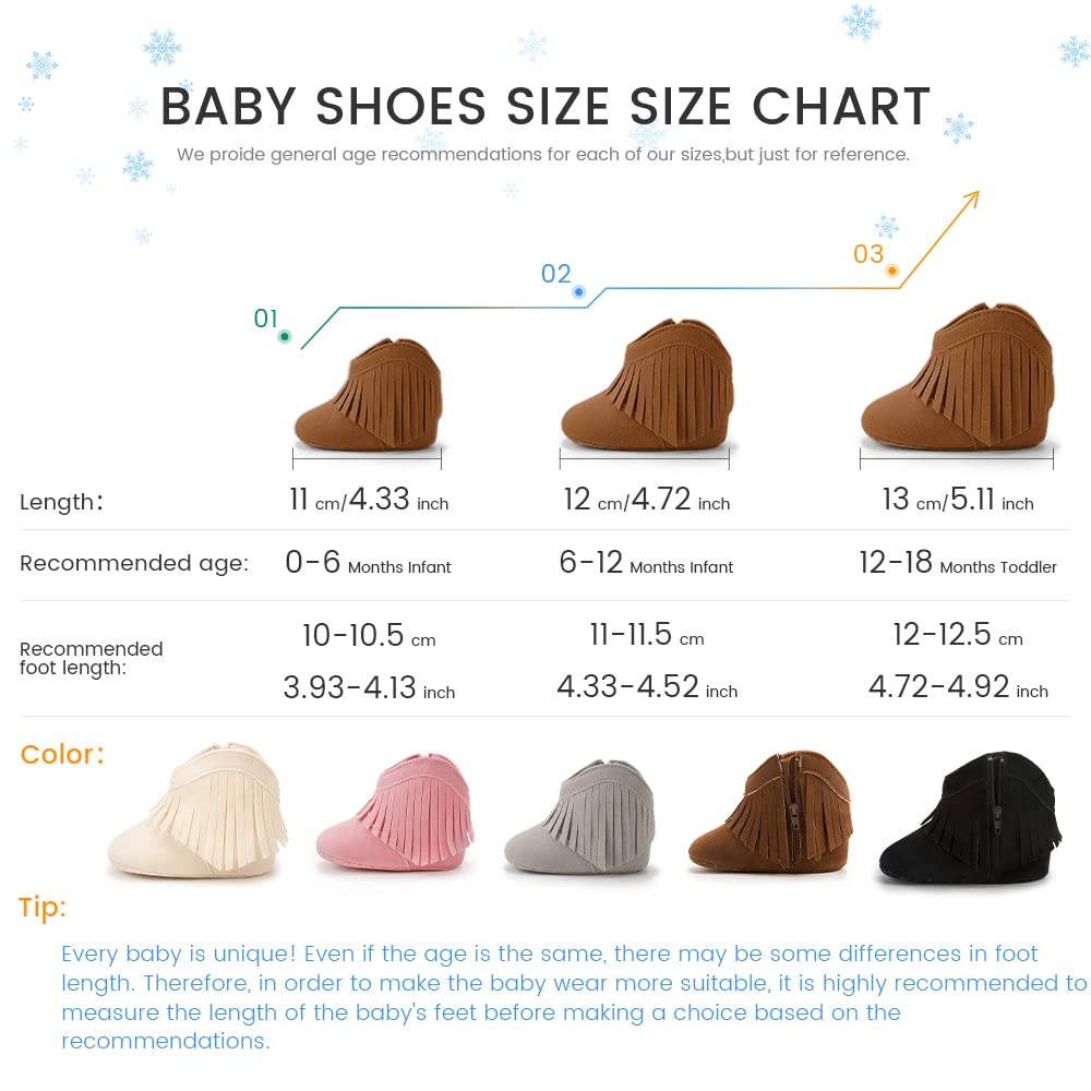 Meckior Baby Girls Cowboy Tassel Boots Side Zipper Moccasins Soft Bottom Non-Slip Toddler Shoe